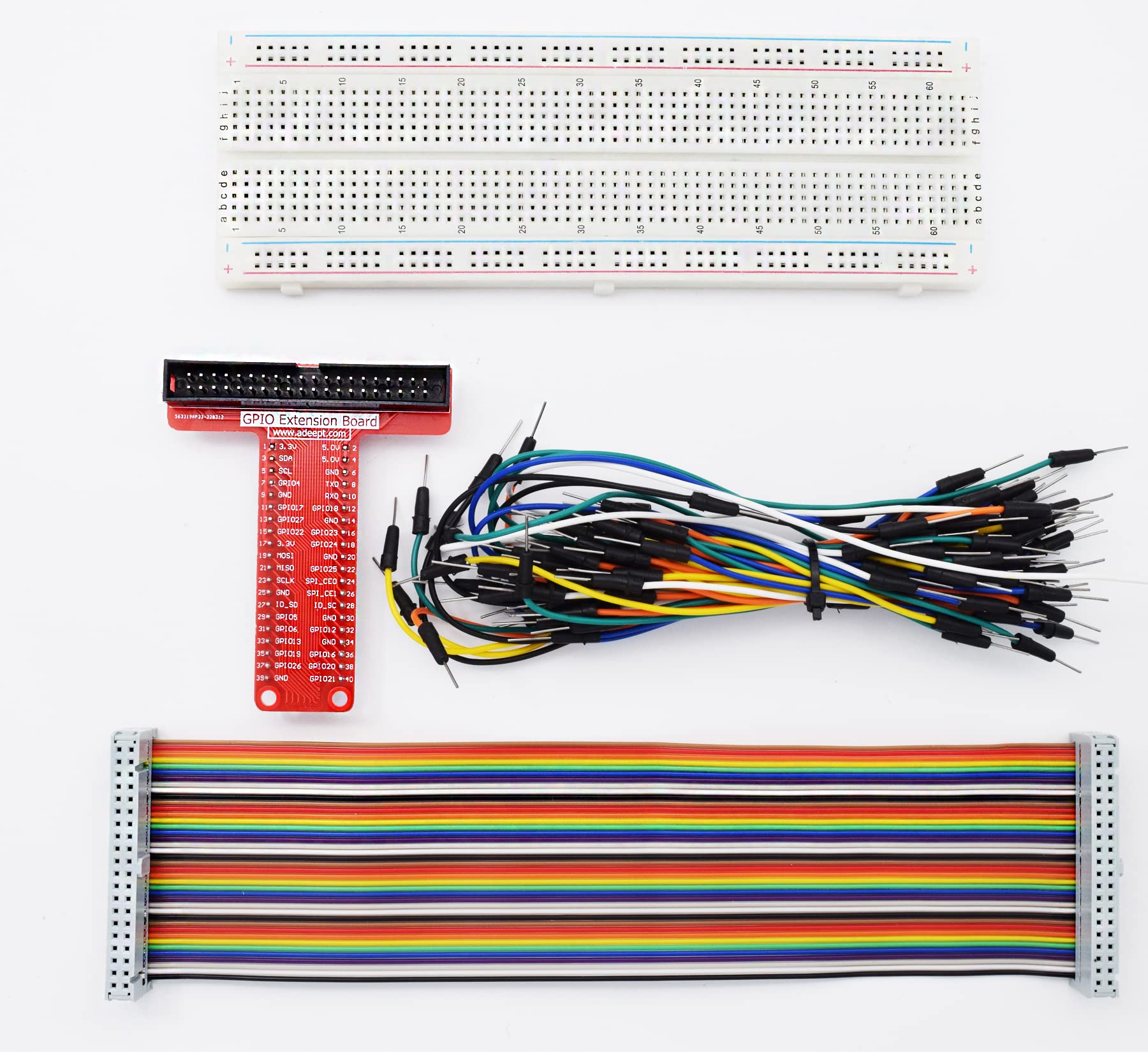 Adeept Raspberry Pi GPIO Breakout, T-Type GPIO Expansion Board +830 Points Solderless Breadboard+65pcs Jumper Cables +40pin Rainbow Ribbon Cable, Raspberry Pi GPIO Expansion Kit