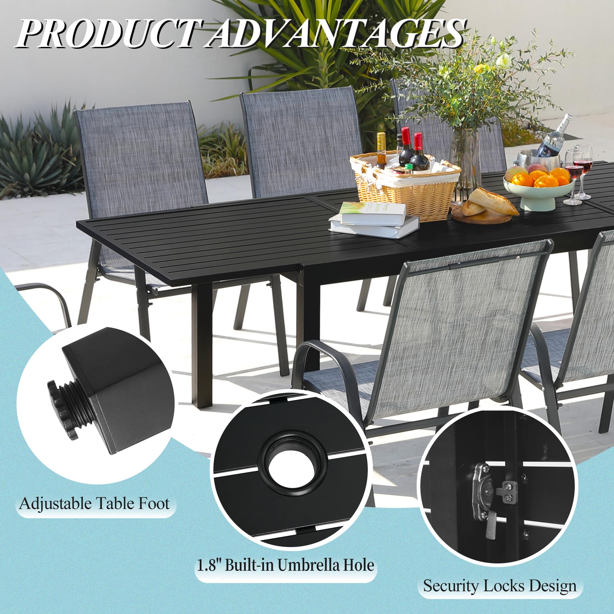 PIZZELLO 11 Pieces Patio Dining Set Outdoor Furniture w/ 10 Stackable Textilene Chairs and 106" Aluminum Extendable Dining Table for Backyard, Garden, Porch and Poolside