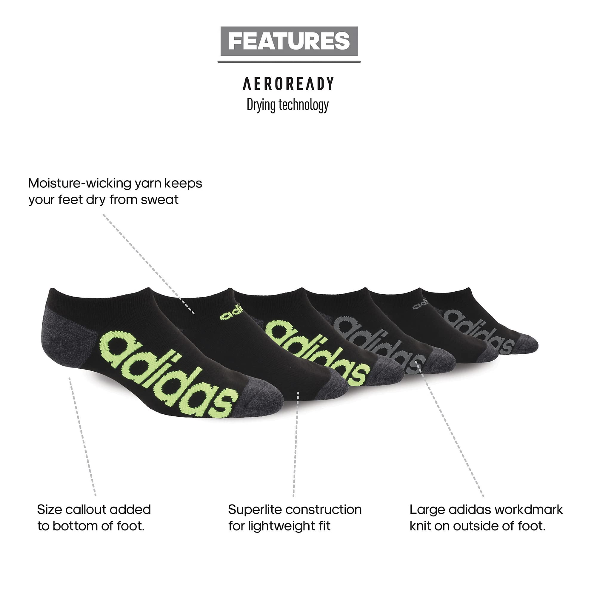 adidas Boys' Youth Superlite Linear 6-Pack No Show, Black/Signal Green/Onix Grey, Medium