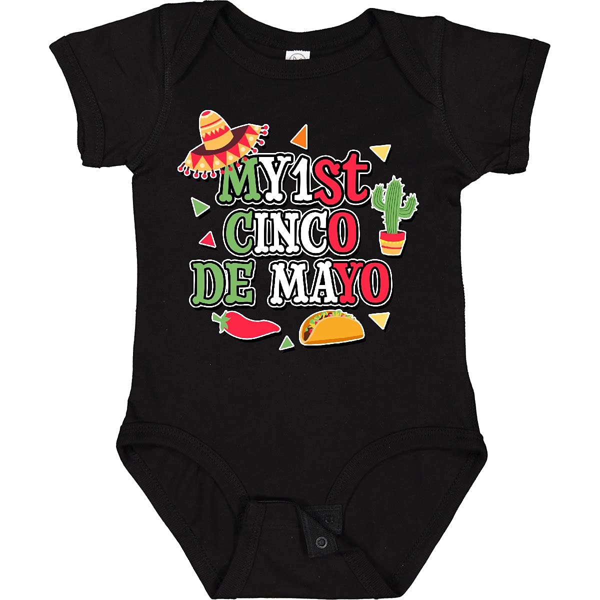 inktastic My 1st Cinco De Mayo with Sombrero Red Chili Pepper Taco and Cactus Baby Bodysuit 12 Months 0040 Black 2fc13