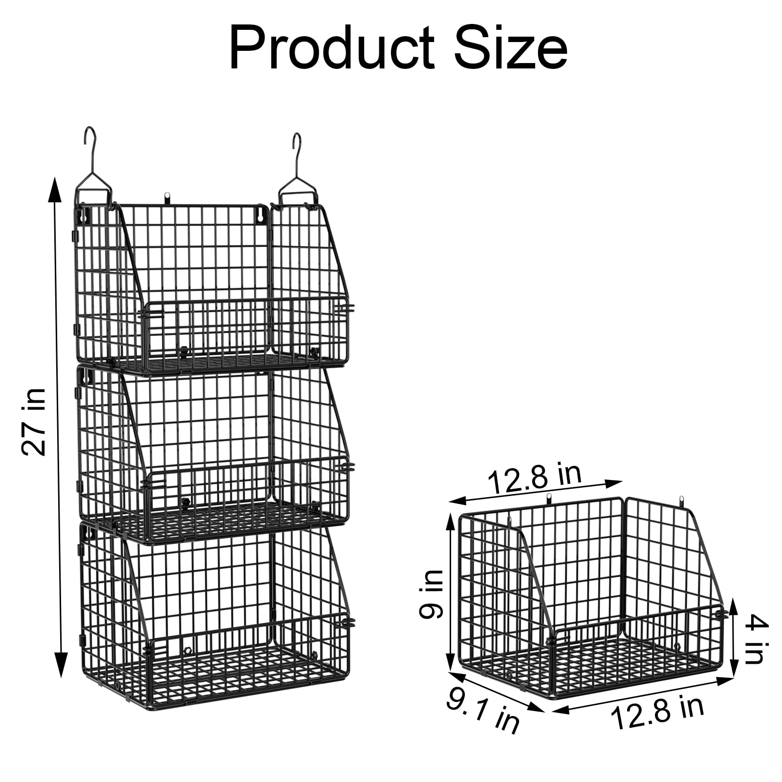 PUPPYCUTE Stackable Wire Storage Baskets for Kitchen Closet Pantry, Hanging Closet Organizers Storage Shelves Organization, Wall Mount Metal Basket Bins, Clothing Vegetable & Fruit Organizer 3 pcs