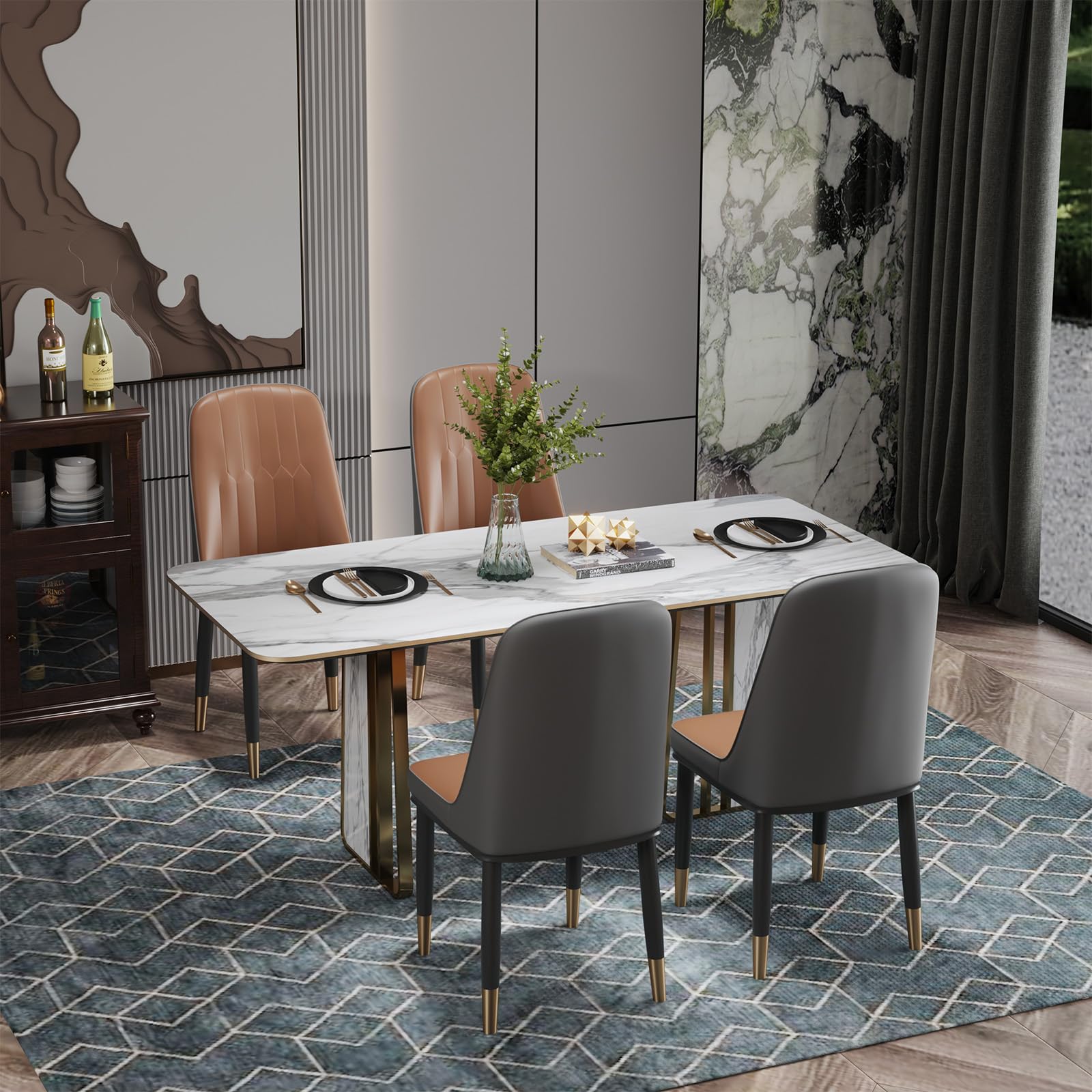 Aimerive Dining Chairs Set of 4, Upholstered Dining Room Chairs with Iron Gold Legs, Modern Armless Kitchen Chair Waterproof PU, Side Chairs with Soft Cushion for Living Room, Restaurant, Brown Grey
