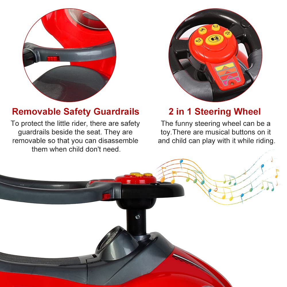 ChromeWheels 3 in 1 Ride on Toys Pushing Car with Removable Sun Visor, Mega Car for Toddlers w/Handle & Horn & Music, Color Red