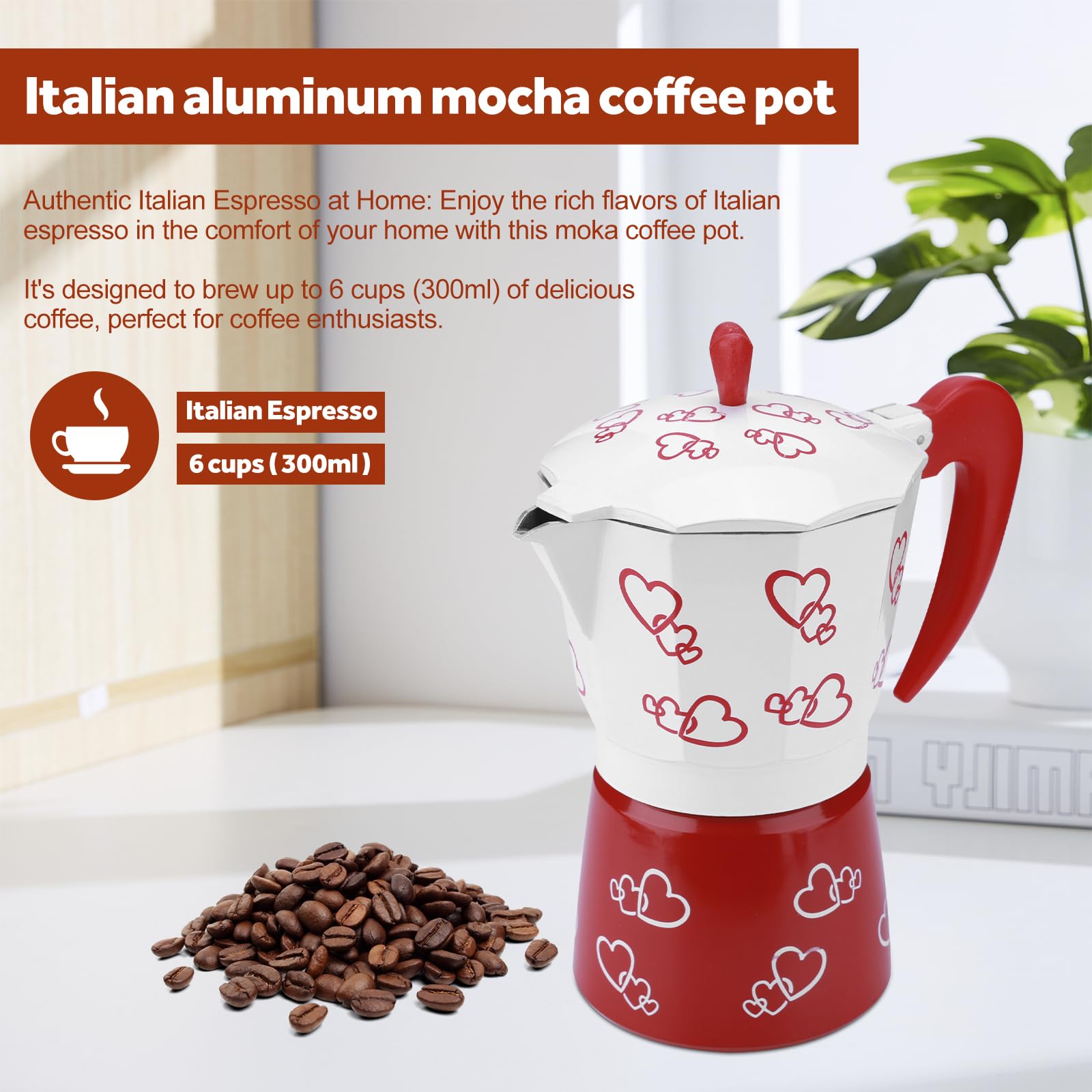 SHANGSKY Espresso Maker Italian Coffee Maker 10oz, Stovetop Coffee Maker Cafetera Italiana Aluminum Mocha Pot with Wooden Handle, Stove Top Espresso Machine (Heart)