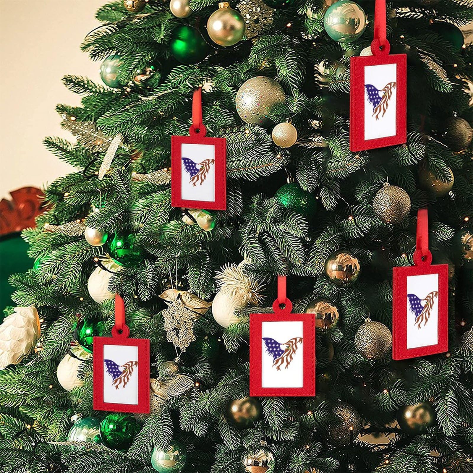 American Flag Eagle Christmas Photo Ornament Frame Red Picture Frame for Xmas Tree Hanging Decoration