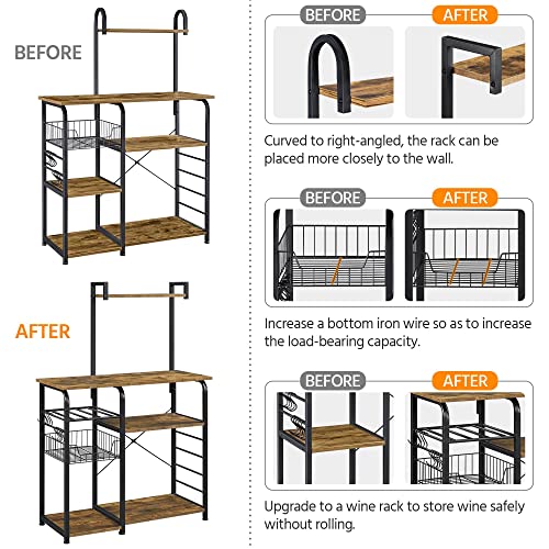 Yaheetech Industrial Kitchen Baker’s Rack Utility Microwave Oven Stand with Wire Basket & 10 S Hooks, Coffee Bar Spices Utensils Storage Shelf, Easy Assembly, Rustic Brown