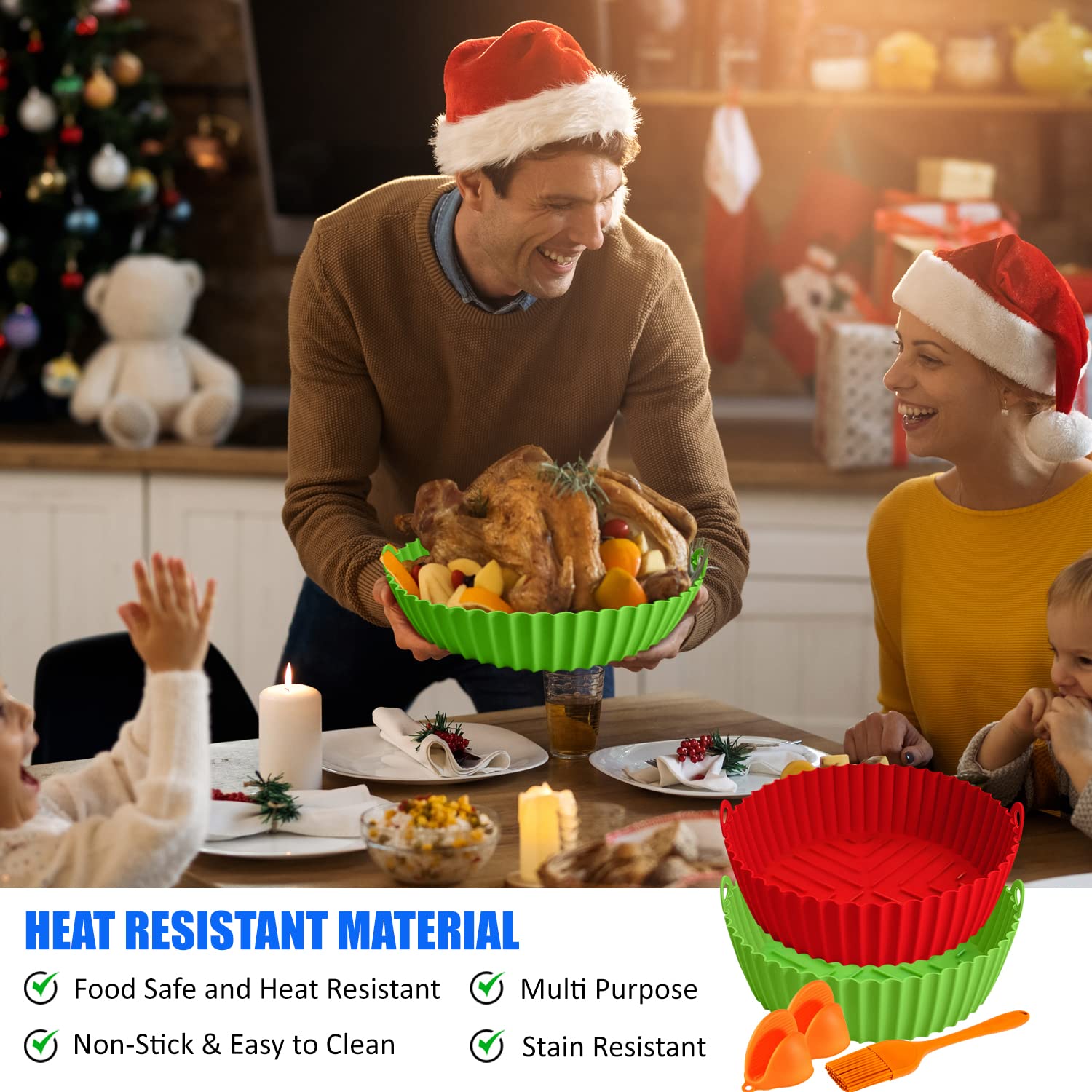 Air Fryer Liners with Oven Mitts and Pastry Brush β 7.5 x 7.5 x 2.5 Inches Reusable Air Fryer Liners Silicone Set with Basting Brush and Oven Gloves β Durable Silicone Material