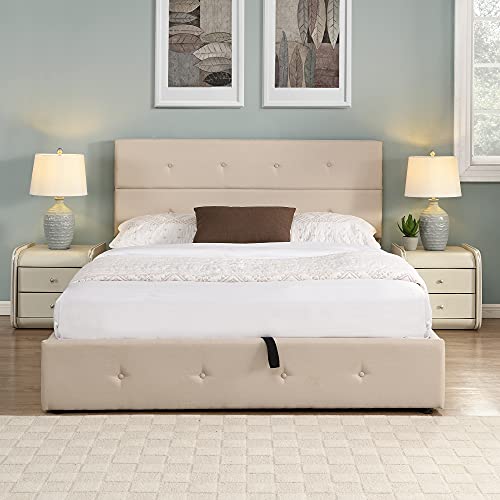 BIADNBZ Queen Size Platform Bed Frame Upholstered with Lifting Underneath Storage and Headboard, Wooden Slat Support, No Box Spring Needed, Beige