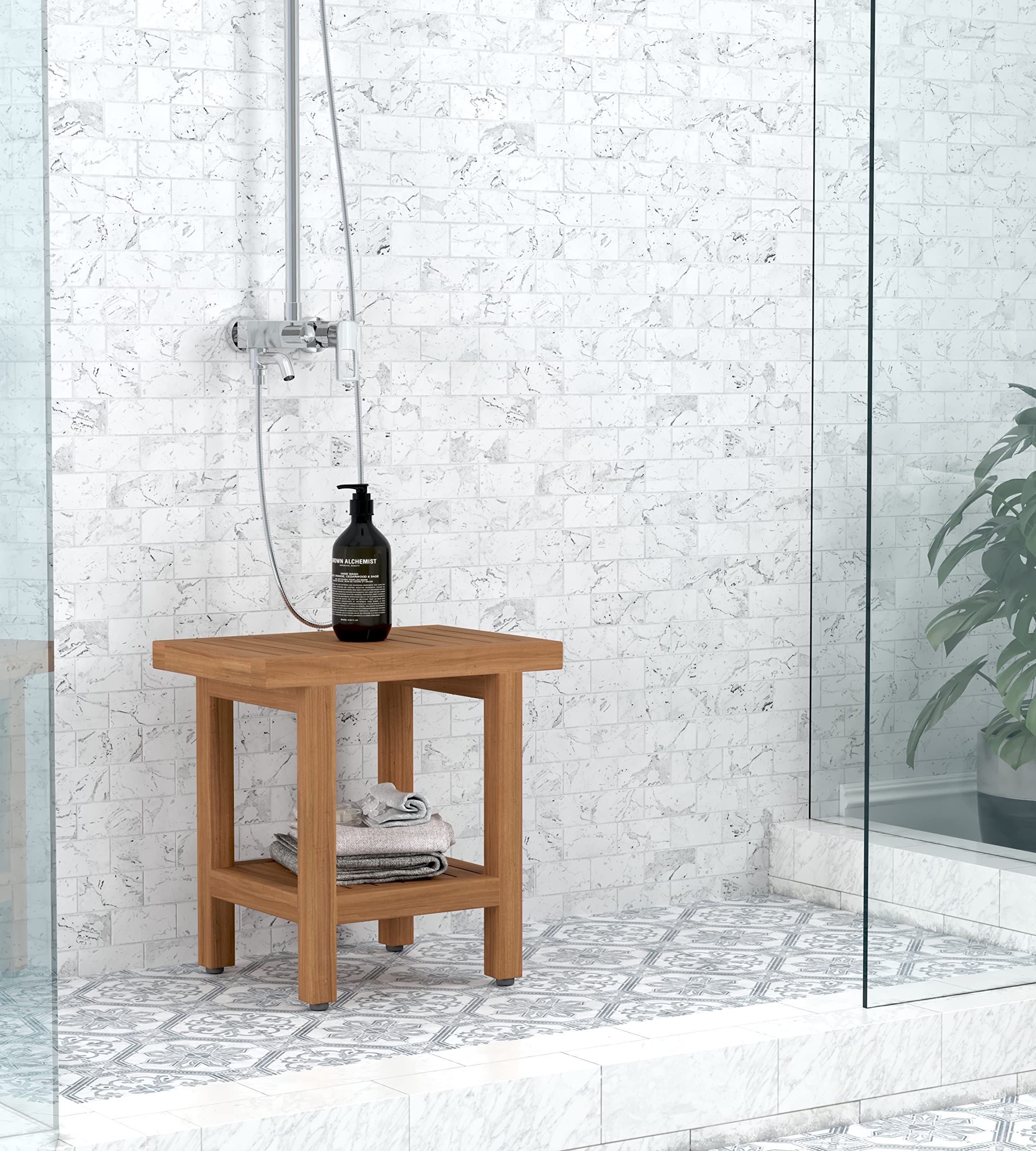 AquaTeak The Original 18" Spa Teak Shower Bench with Shelf