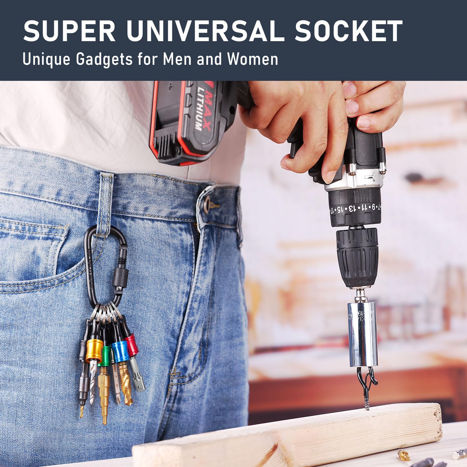 Valkynos Universal Socket Wrench, Cool Stuff Universal Socket Tool with Power Drill Adapter (7-19mm), 1/4 Bit Holder Tool Organizer Drill Bit Holder Key Chain Gadgets for Men