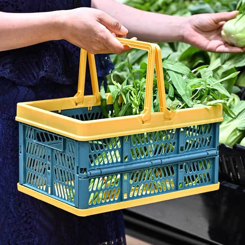Amplus - Multi-Purpose Basket can be folded, strong and durable to hold a lot of stuff for shopping, laundry, storing or organizing items 11.7"L x 7.8"W x 6.4"H (Blue - Yellow)