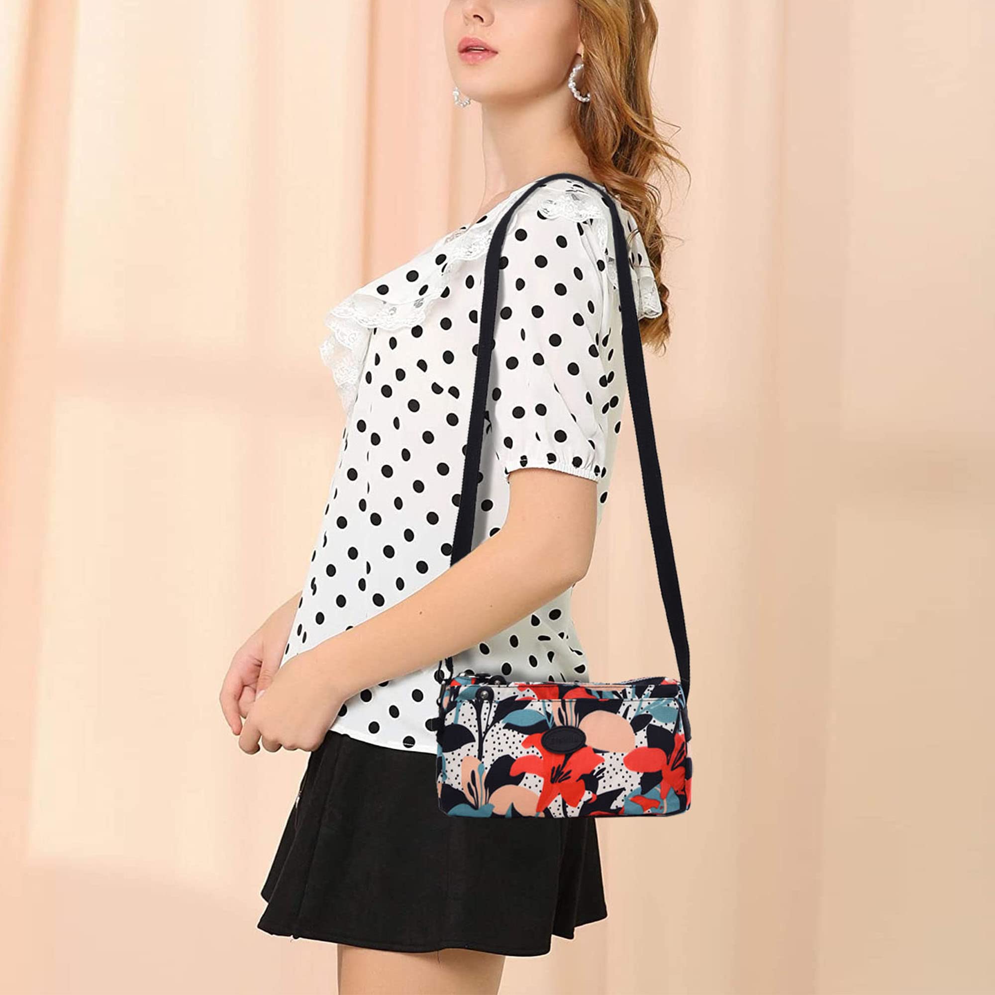 Cross Body Bags Small Women Messenger Purse over Shoulder Bag Nylon with Multi Pockets for Ladies and Girls (Black)