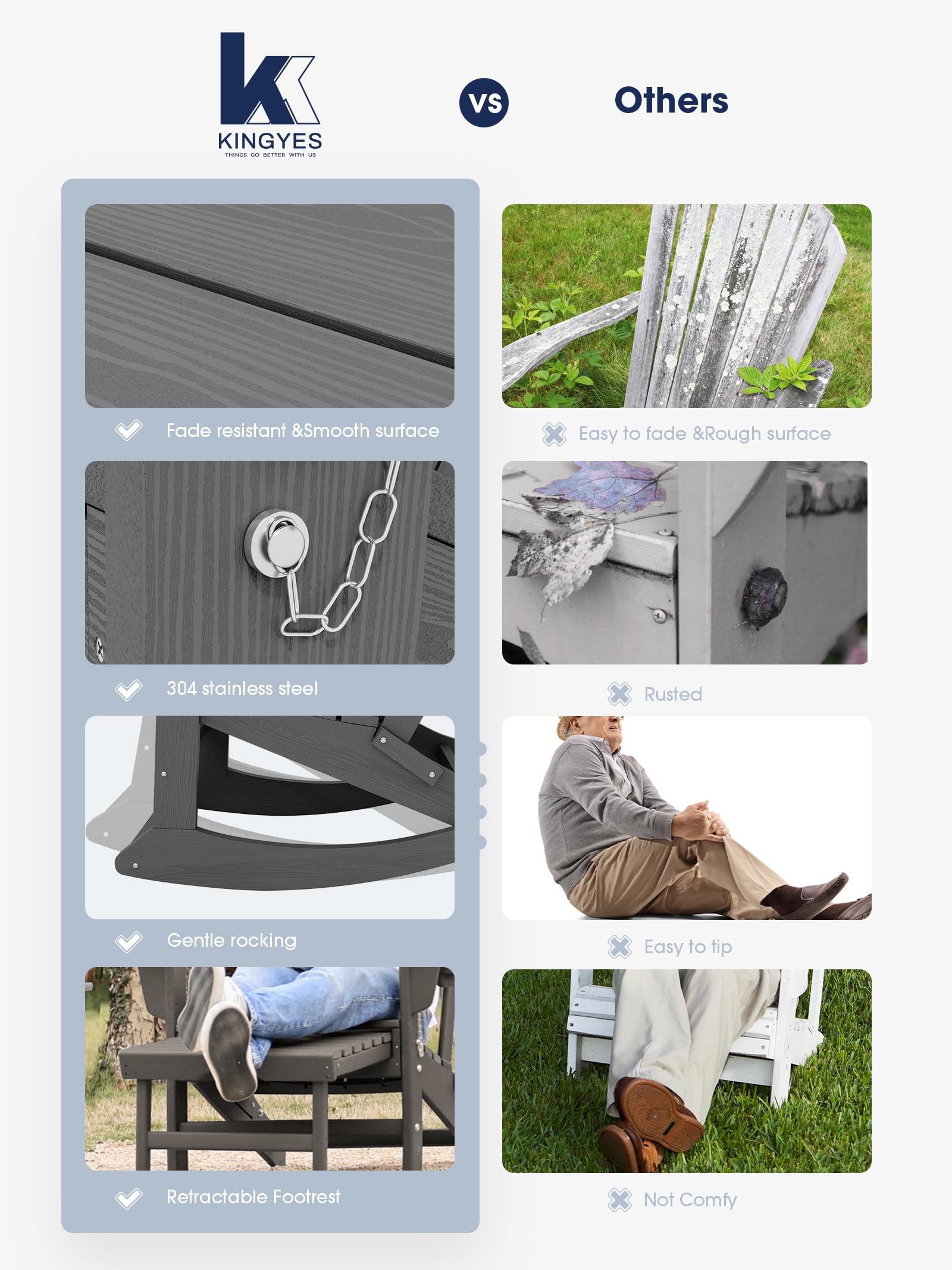 KINGYES Folding Adirondack Rocking Chair with Retractable Ottoman and Cup Holders, 4-in-1 Multifunctional HDPE Adirondack Chair for Porch, Patio, Balcony, Leaden Grey