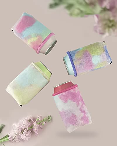BAGnoREGio 4-Pack Tie Dye Faux Fur Neoprene 12oz Beer Can Cooler Sleeves, Fuzzy Plush Velvet Soda Can Koozies (Rainbow Multi color)