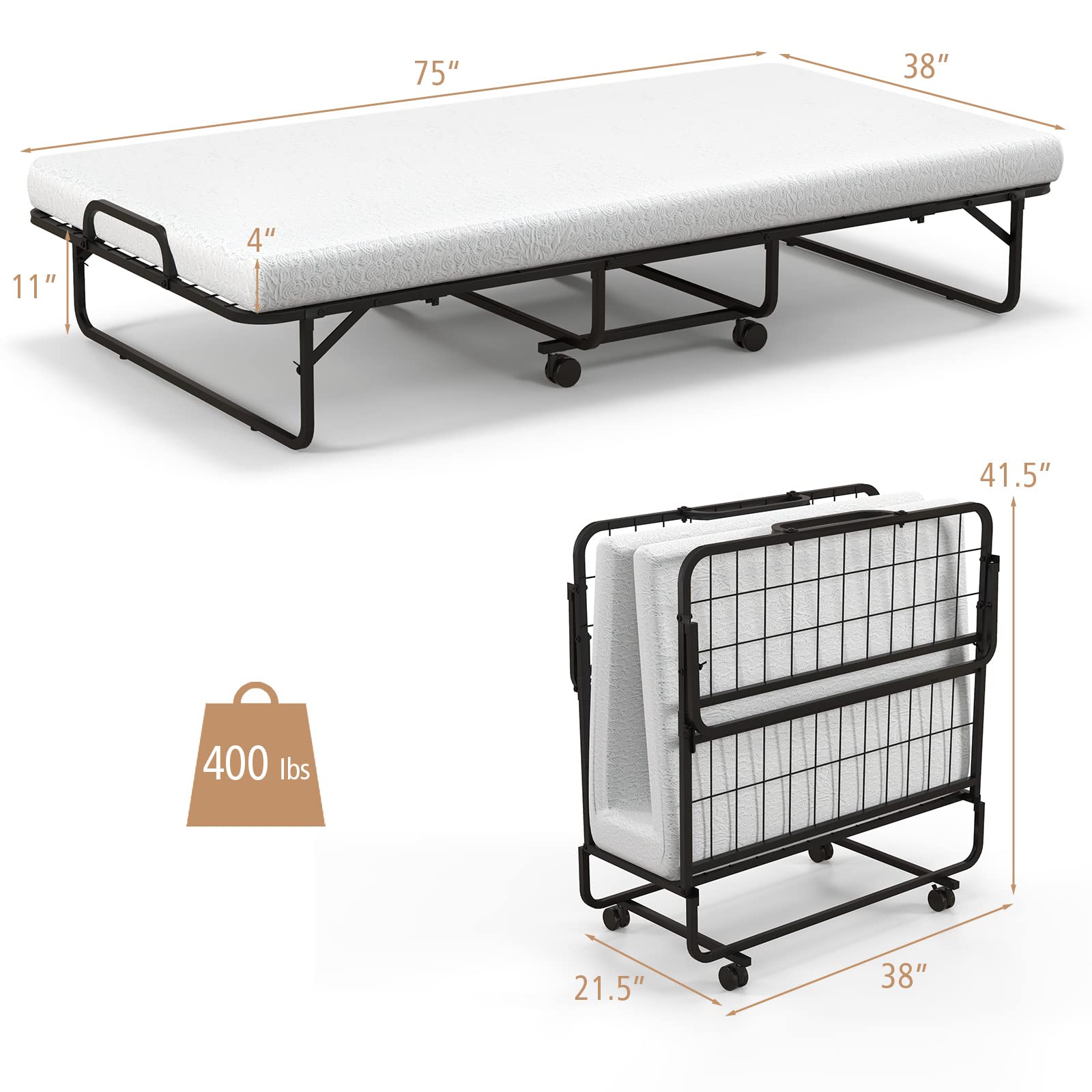GORELAX Folding Bed with Mattress for Adults, Twin Size Small Portable Bed Set w/Metal Bed Frame & 4” Memory Foam Mattress, Foldable Bed Sleeping Cot Bed on Lockable Wheels, Rollaway Guest Bed