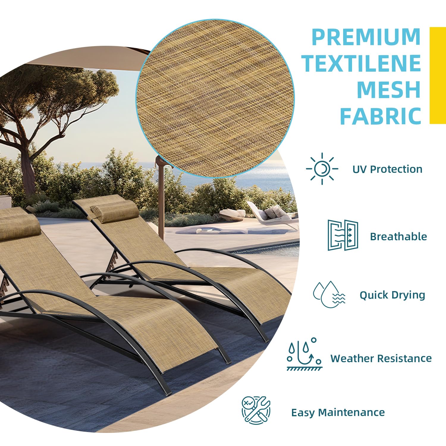 EROMMY All-Weather Textiline Recliner Chairs Set of 2 Outdoor Lounge Chairs with Adjustable Backrest (Arc Brown, Set of 2)