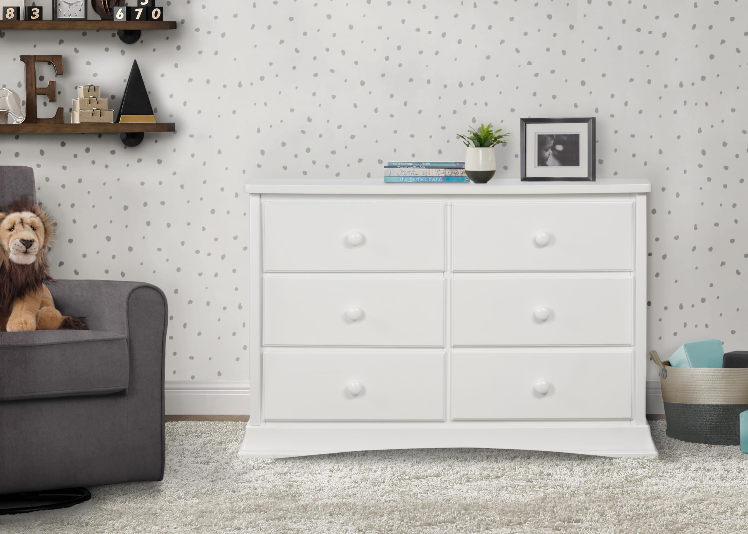 Delta Children Bentley Six Drawer Dresser, White, 49" width x 19" depth x 33.50" height