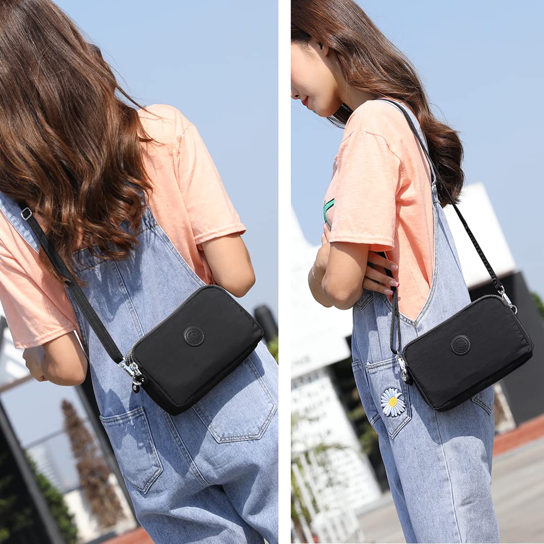 Mindesa Small Casual Crossbody Bags Triple Zip Clutch Wallet Waterproof Lightweight Cell Phone Shoulder Handbags(Black)
