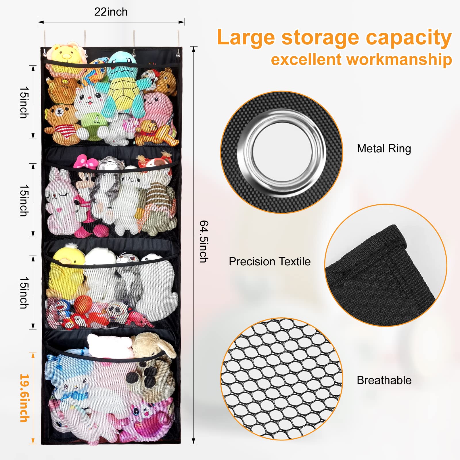Adgoaler Over Door Stuffed Animal Storage, Stuff Animals Toy Organizer with 4 Large Pockets, Hanging Toy Plush Storage for Nursery, Bedroom, Easy Installation and Take (Black)