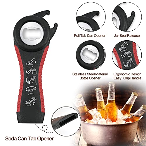 Elyum Jar Opener, 5 in 1 Bottle Opener Multi-Function Can Opener with Silicone Handle, Jar Opener for Weak Hands, Seniors with Arthritis, Lid Opener for Children (Red, 2-Piece Set)