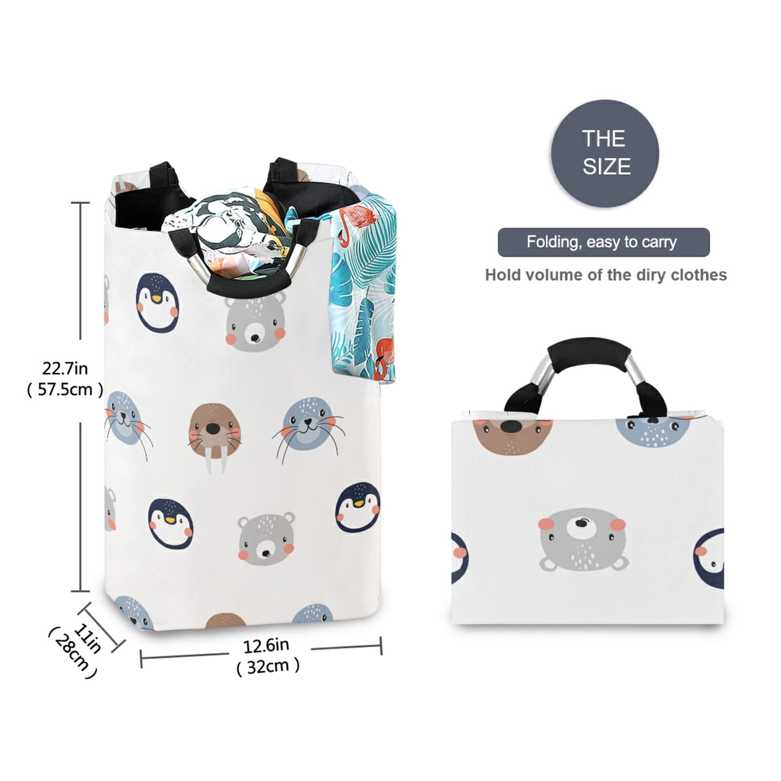 xigua Large Laundry Basket Collapsible Clothes Hamper, Waterproof Nursery Storage Bin with Handle Clothing Baskets for Bedroom Bathroom, Cute Arctic Animals