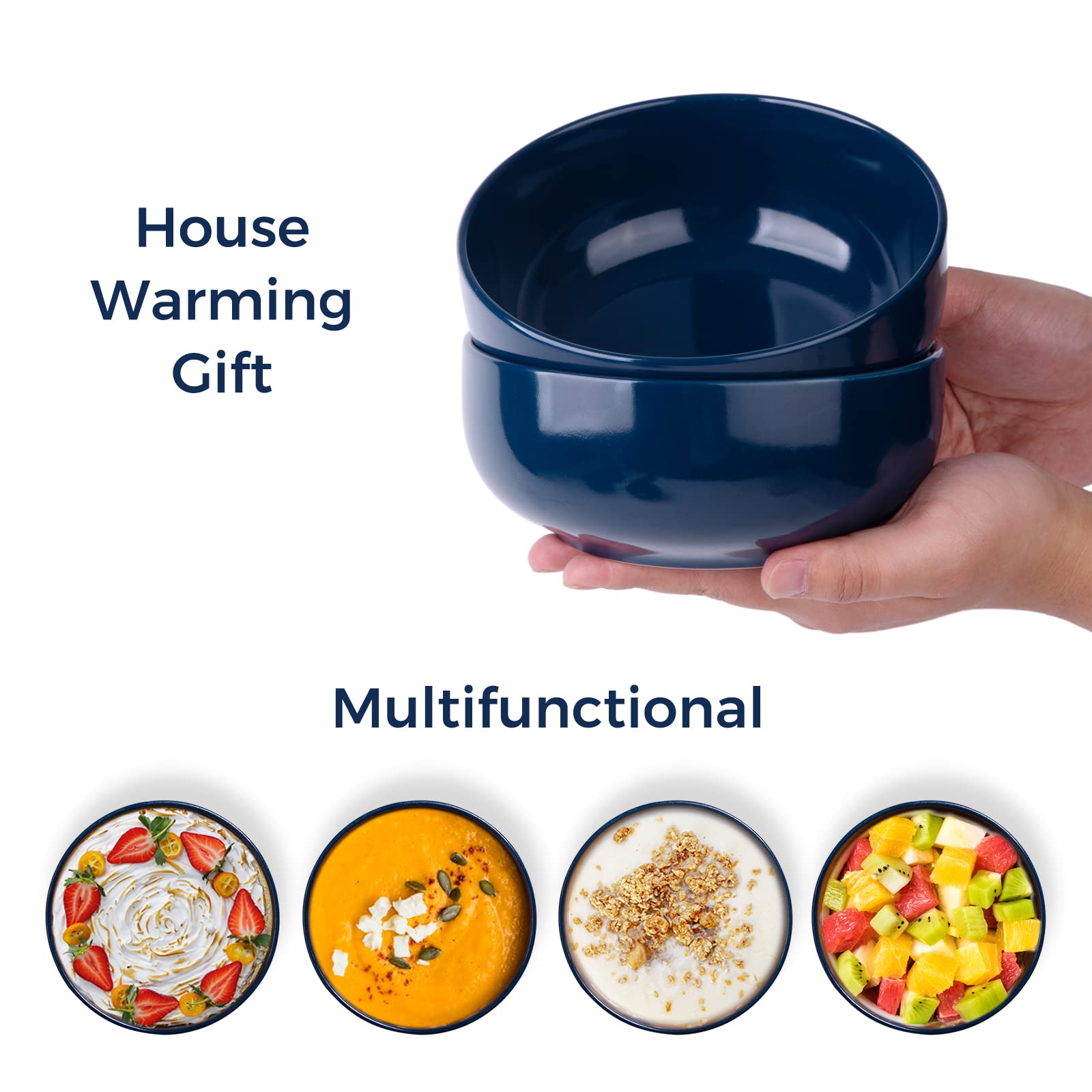 AmorArc Stoneware Cereal Bowls Set for kitchen, 22oz Ceramic Soup Bowls Set of 4 for soup cereal snacks meal, Microwave&Dishwasher Safe, Navy Blue