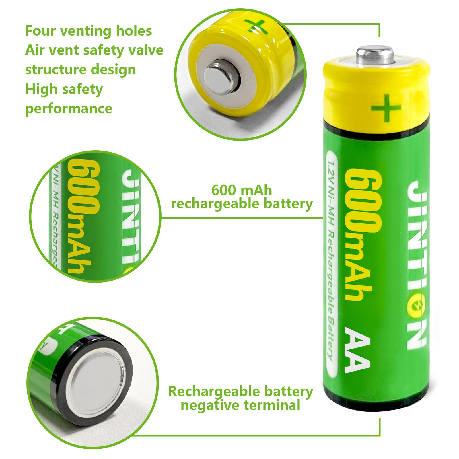 JINTION AA Rechargeable Batteries 600mah High Capacity 1.2V Ni-MH Double a Battery for Outdoor Solar Lights, String Lights, TV Remotes, Wireless Mouses, Flashlight