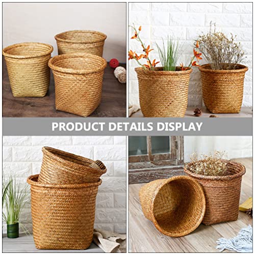 Beavorty Clothes Hamper 2pcs Woven Waste Basket Rattan Plant Basket Trash Can Wicker Garbage Container Bin Seagrass Belly Planter Laundry Basket Storage Basket for Home Office Wicker Storage Basket