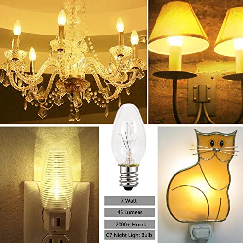 9-Pack,7 Watt Salt Lamps and Night Light Replacement Bulbs, Crystal Clear Glass,C7/7 Watt/120 V/45 Lumen,E12 Candelabra Base Long Life Incandescent Bulbs