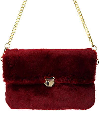 C.C Women's Evening Faux Fur Fuzzy Crossbody Shoulder Bag Envelope Clutch Purse, Burgundy