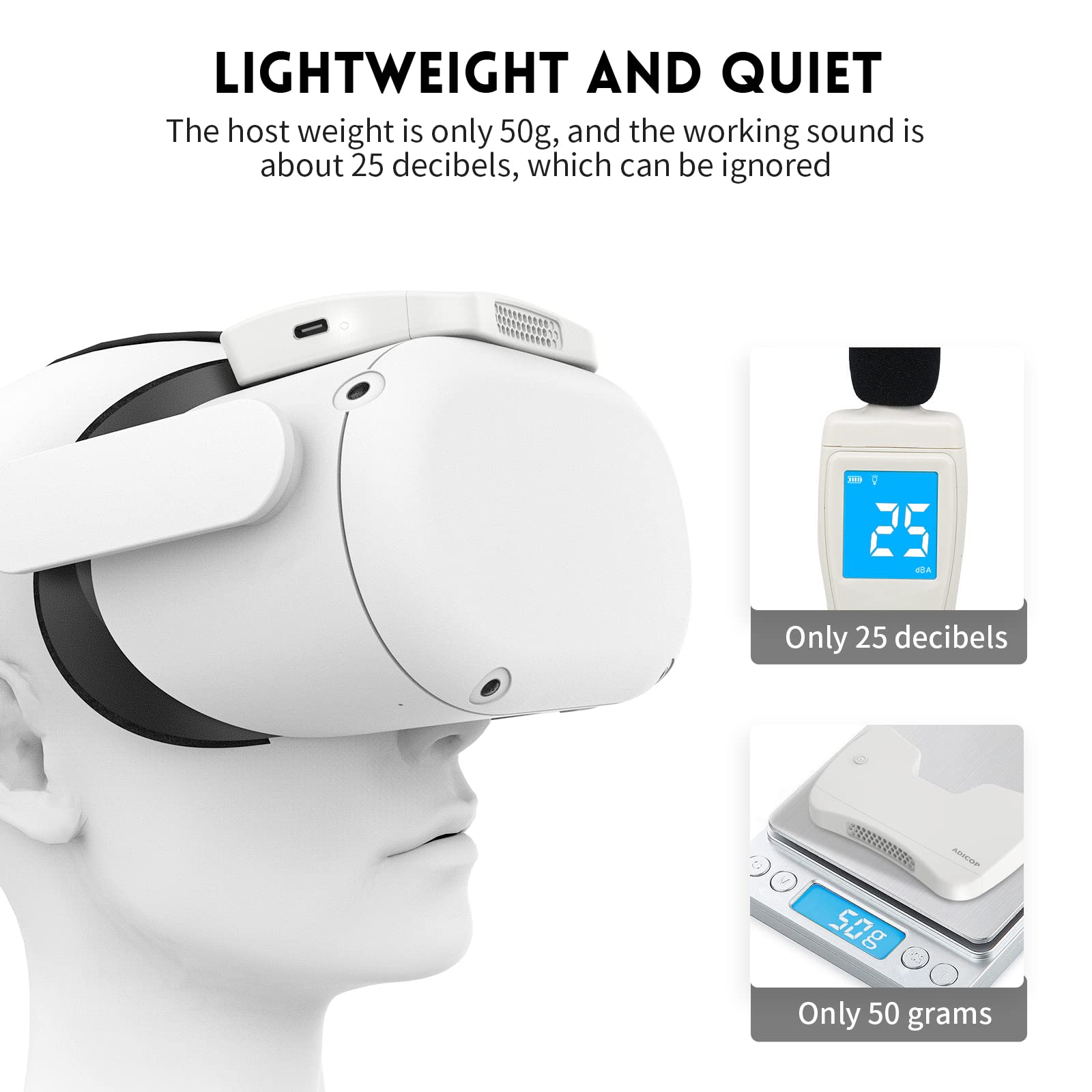 Adicop Fan Facial Interface for Oculus/Meta Quest 2 Accessories Relieve Lens Fogging and Hot Air Rechargeable up to 8-10 hours Working Time