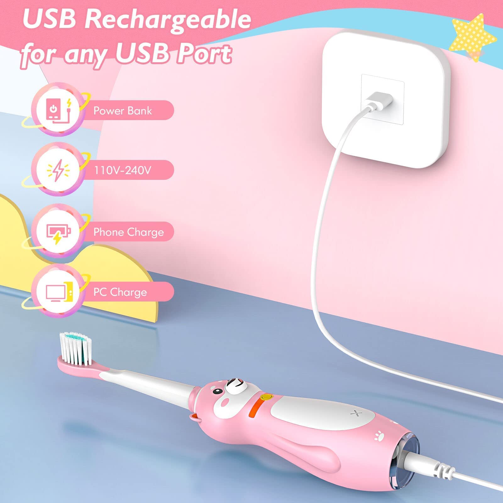 DADA-TECH Kids Electric Toothbrush Rechargeable Pink Age 3+ (Unicorn and Dog)
