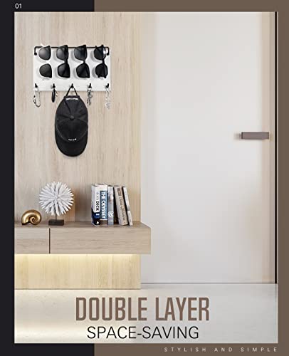 Emibele Sunglass Organizer Wall Key Holder, Decorative Wood Wall Jewelry Organizer Glasses and Sunglass Holder Display with 5 Hooks Key Rack Hanging Eyeglass Storage for Entryway Living Room, White