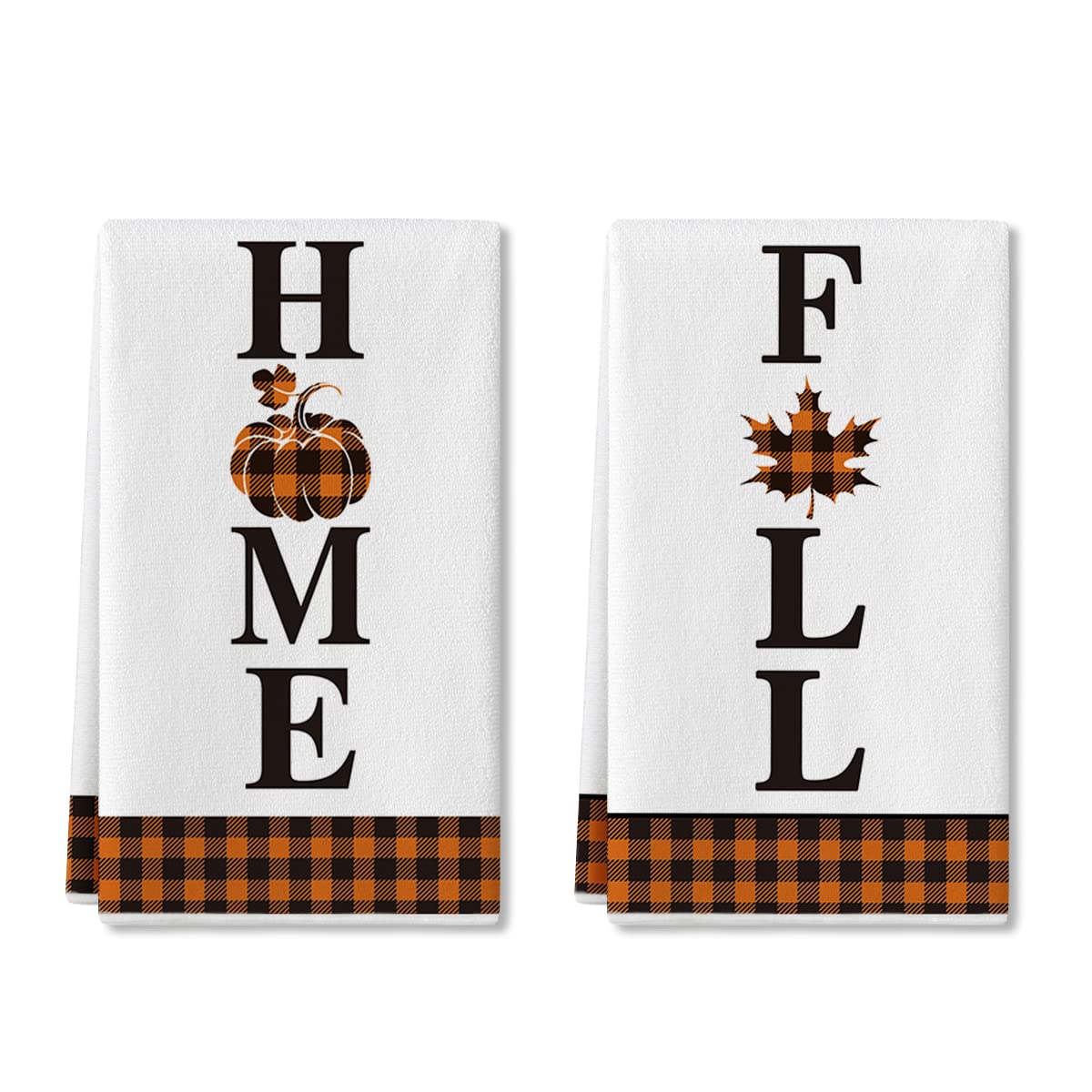 Artoid Mode Buffalo Plaid Edge Fall Leaves Pumpkin Home Kitchen Towels, 18 x 26 Inch Coffee Tea Bar Hand Towels Bathroom Gift Ultra Absorbent Set of 2