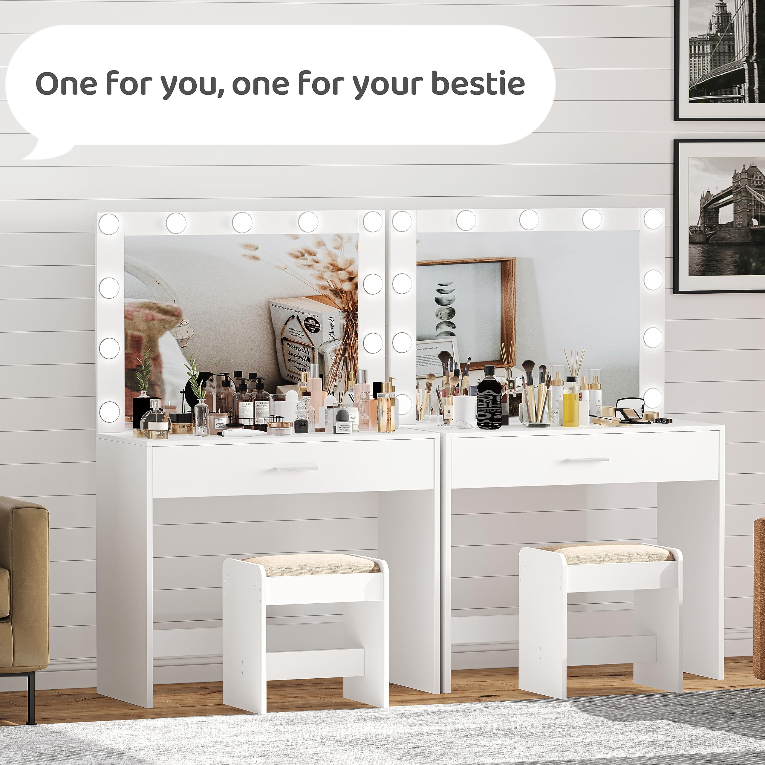 Rovaurx Vanity Table with Large Lighted Mirror, Makeup Vanity Dressing Table with Drawer, Bedroom Dressing Desk for Women, 11 LED Light Bulbs & Adjustable Brightness, White RSZT105W