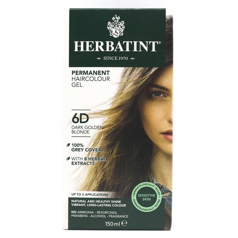 Herbatint Permanent Haircolor Gel, 6D Dark Golden Blonde, Alcohol Free, Vegan, 100% Grey Coverage - 4.56 oz