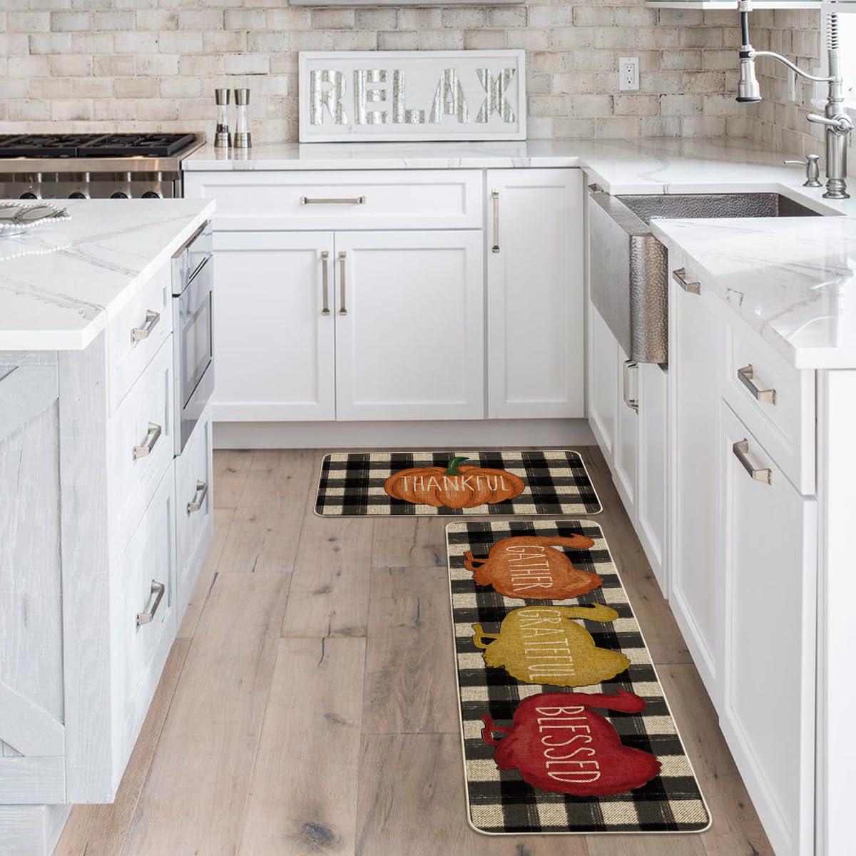 Artoid Mode Buffalo Plaid Pumpkin Turkey Thanksgiving Decorative Kitchen Mats Set of 2, Fall Home Low-Profile Floor Kitchen Rugs-17x29 and 17x47 Inch