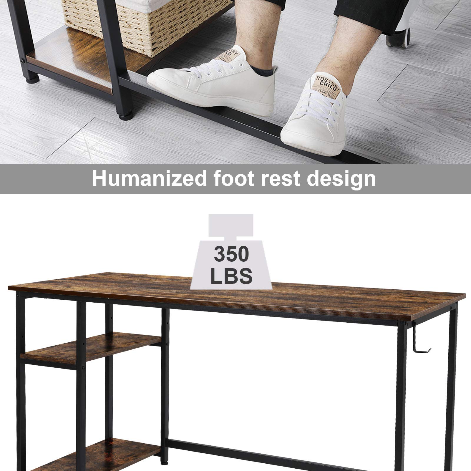 AuAg Computer Desk Home Office Desk with 2 Shelves, 55 inch Writing Desk with Storage, Industrial PC Desk Laptop Study Table with Bag Hook Gaming Desk Workstation, Easy to Assemble(Rustic Brown)