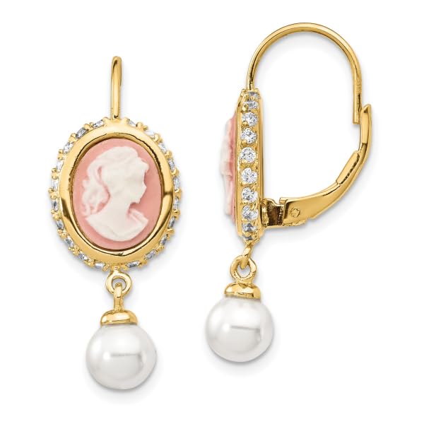 925 Sterling Silver Gold Simulated Pearl Cubic Zirconia CZ Cameo Drop Dangle Earrings
