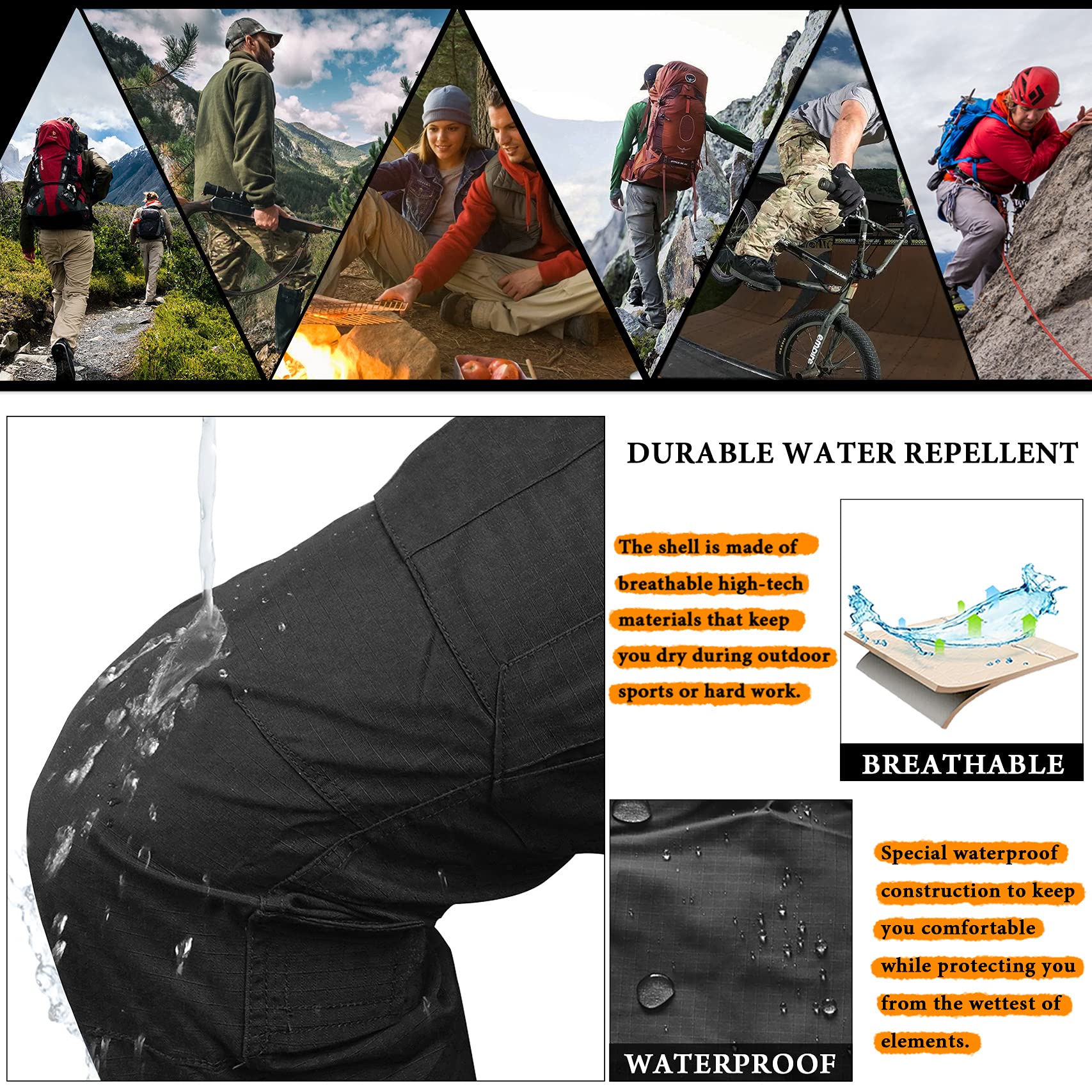 AKARMY Men's Hiking Pants, Camo Cargo Pants, Lightweight Work Pants Outdoor Travel Casual Pants with Multi-Pocket G4WF Black 36