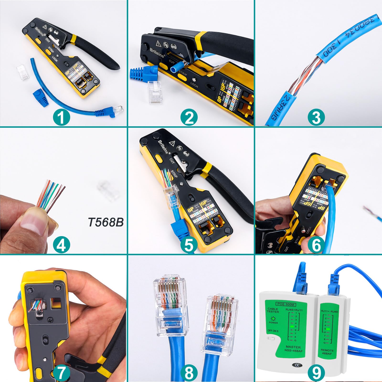 Brileine Pass Through RJ45 Crimp Tool Kit Cat5e Cat6 Crimping Tool, RJ45 Crimper Kit