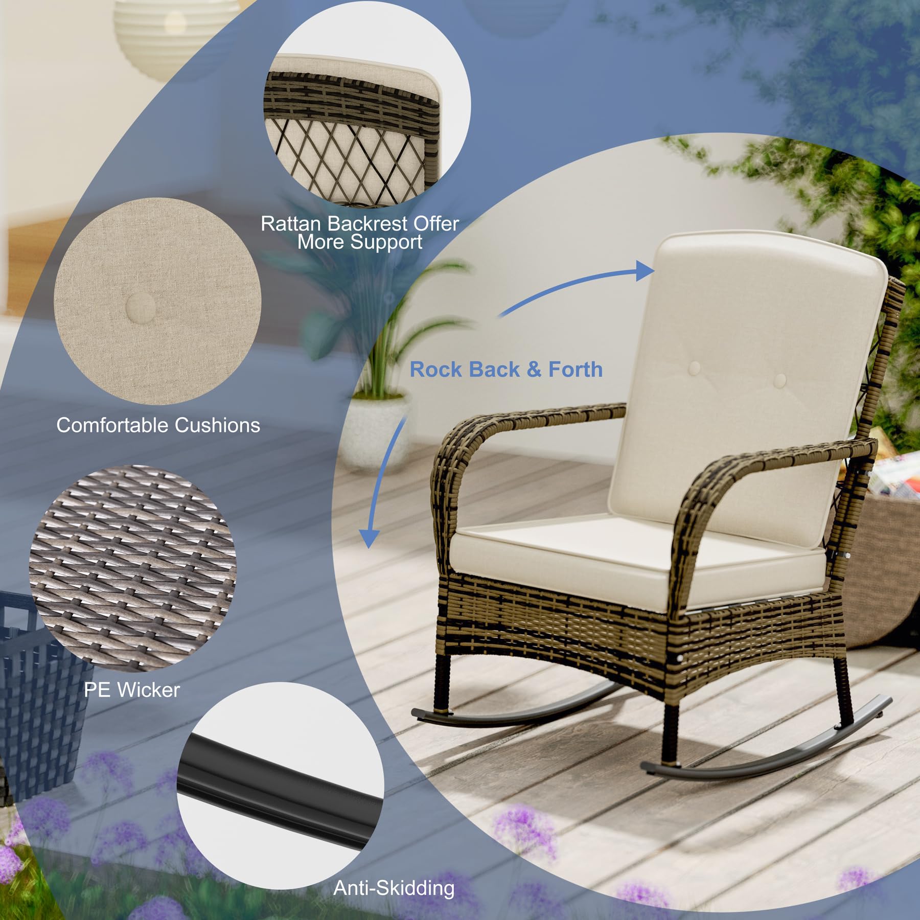 BALDPER 6 Pieces Patio Conversation Set, Outdoor Rocking Chairs, Wicker Bistro Set, Outdoor Furniture Set with Porch Chairs and Coffee Table for Deck Garden Poolside, Beige
