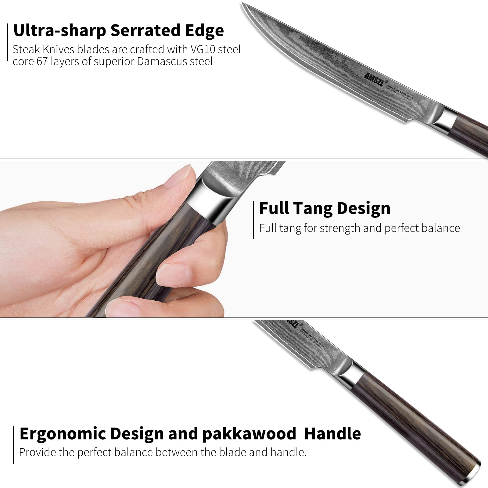 AMSZL Steak Knives - Set of 4 - Damascus - 5.5" - Japanese VG10 Core Steel Forged Straight Edge - Pakka Handle - Gift Box