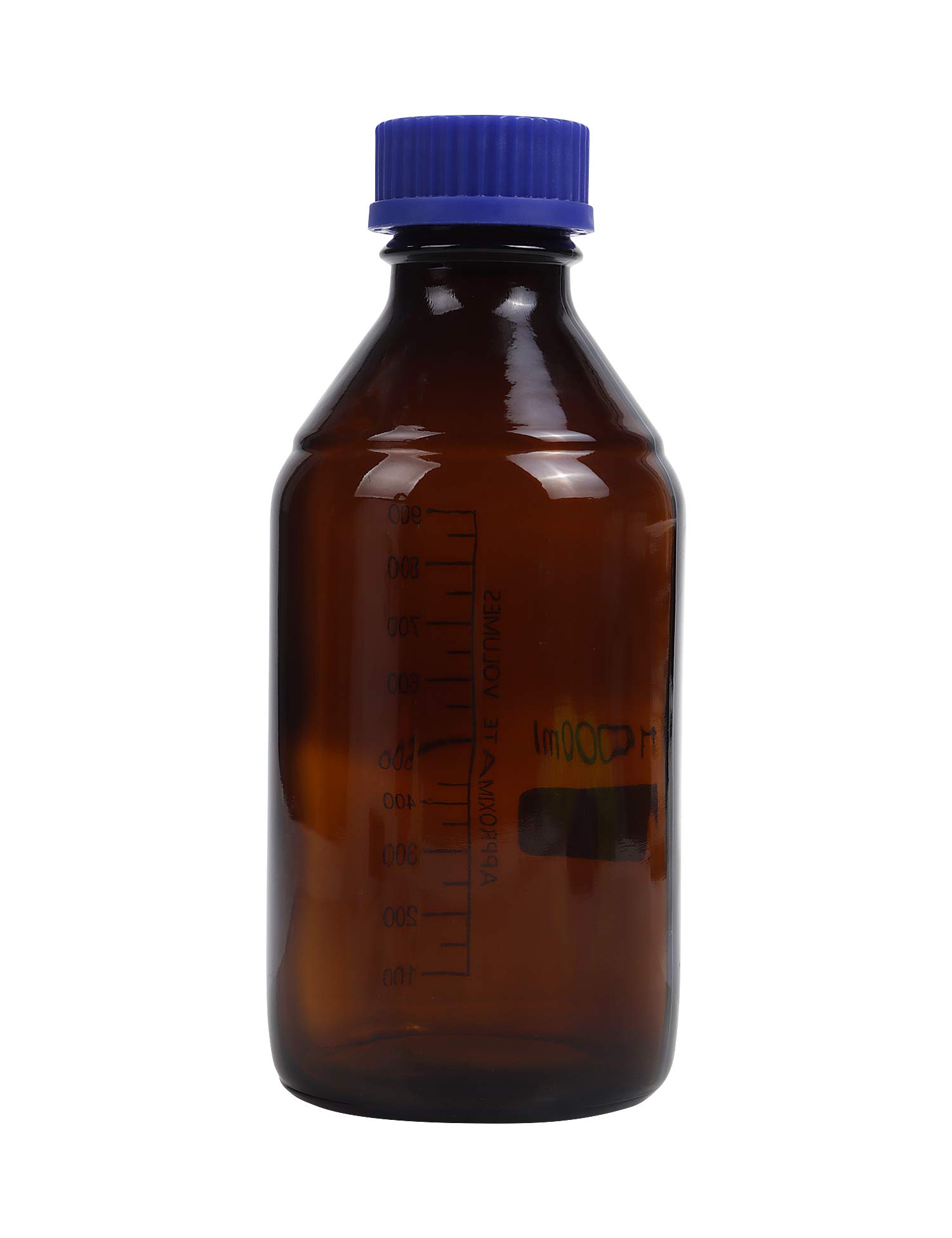 Moonetto 4 Pack 1000ml Amber Glass Graduated Round Lab Reagent Media/Storage Bottle With GL45 Blue Screw Cap