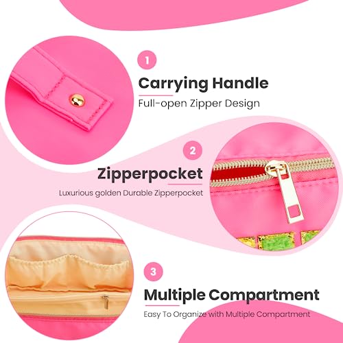 Futuredream Makeup Bag - Large Capacity Travel Cosmetic Bag, Portable Nylon Waterproof Women Travel Makeup Bag Organizer,With Handle And Divider Letter Patch Cosmetic Bag Rose Red