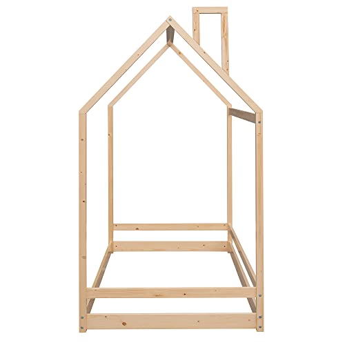 AOCOROE Twin Size House Bed Frame Floor Montessori House Bed Canopy Bed for Boys and Girls. House Shaped Wood Twin Bed Frame Without Slats, Natural