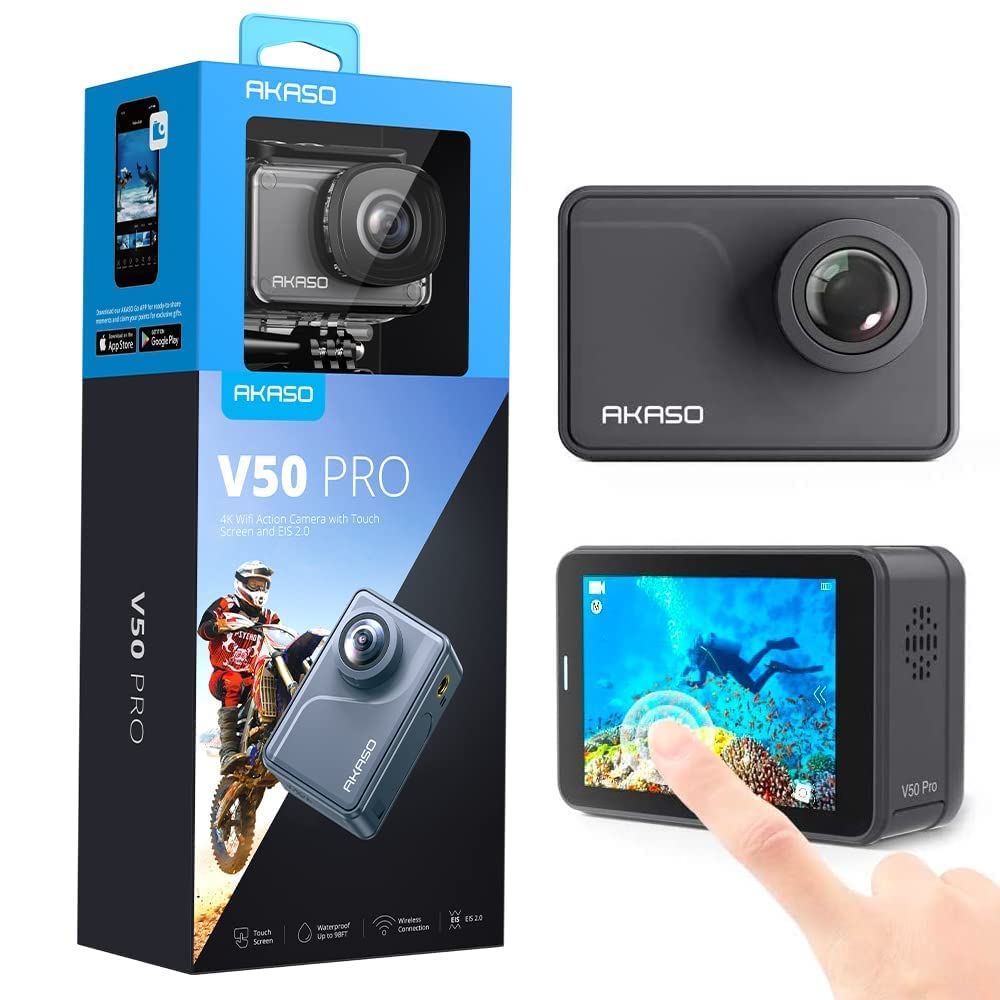 AKASO V50 Pro 4K60fps Action Camera Touch Screen Waterproof Camera Features EIS and Wi-Fi Remote Control Sports Camera with 3 Batteries Wrist Strap and Accessory Kit