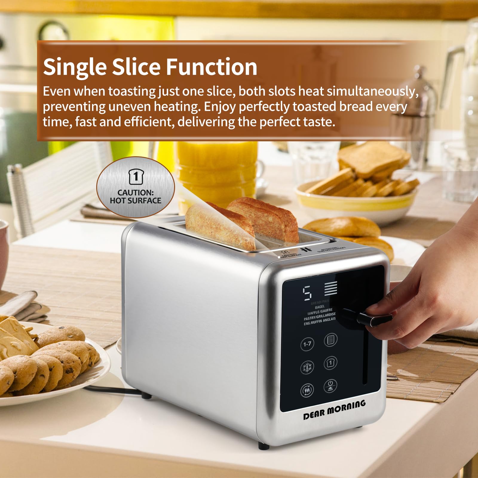 Smart Toaster Digital Tuch Screen Toaster with 5 Bread Selection 7 Shade Setting and Bagel/Defrost/Cancel/Reheat Function 1.5β 2 Slice Stainless Steel Toaster with Removable Crumb Tray