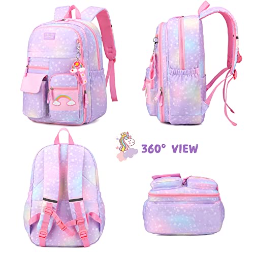 BEFUNIRISE Girls Backpack, School Backpacks 16 17 inch for Girls,Cute Book Bag for Teen Kid Elementary Middle High School (Purple Set, Small)