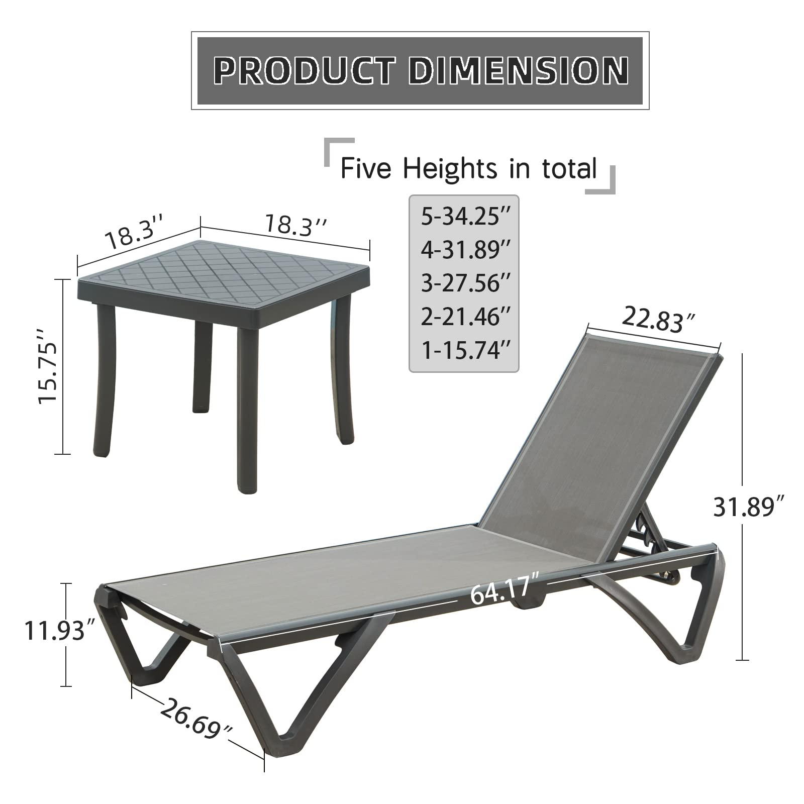 Domi Patio Chaise Lounge Chair Set of 3,Outdoor Aluminum Polypropylene Sunbathing Chair with 5 Adjustable Position,Side Table for Beach,Yard,Balcony,Poolside(2 Grey Chairs W/Table)